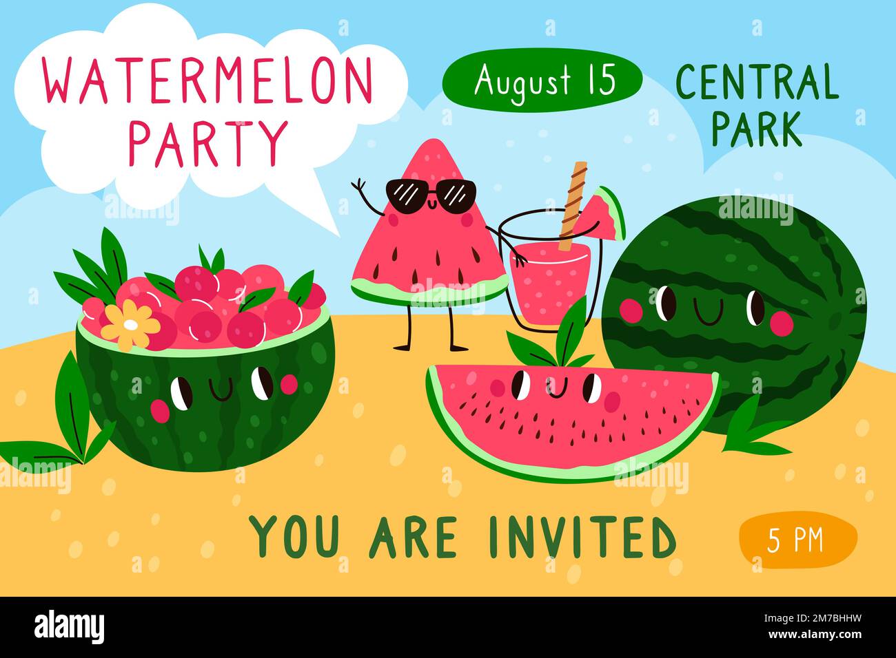 Cartoon watermelon character. Happy summer. Fruit friends group. Party ...