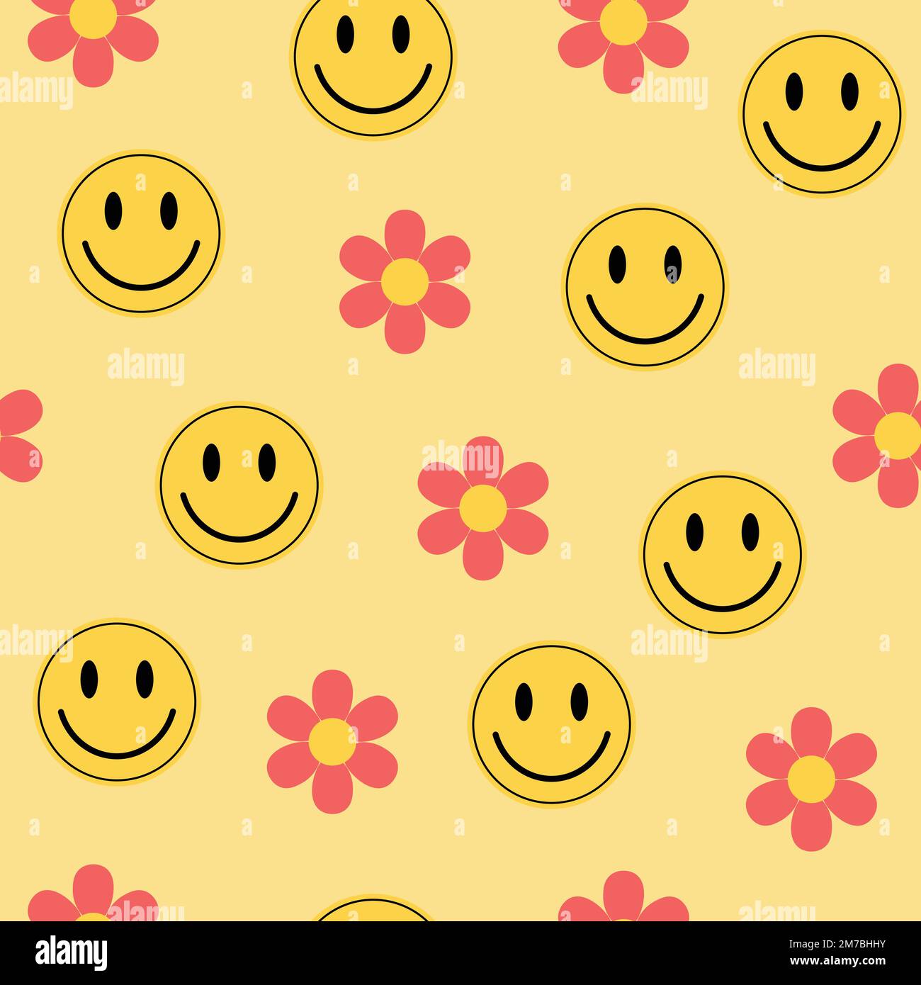 Hippie y2k groovy emojis and flowers seamless pattern. Yellow smile ...