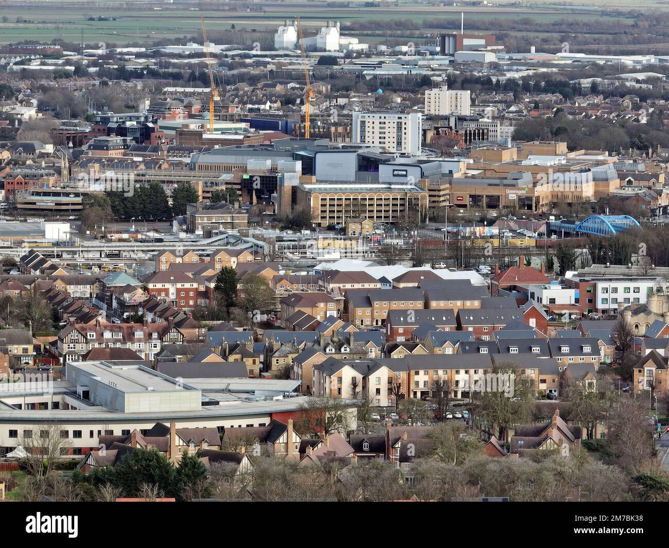 The city of Peterborough, with Crescent Bridge (blue), seen in front of ...