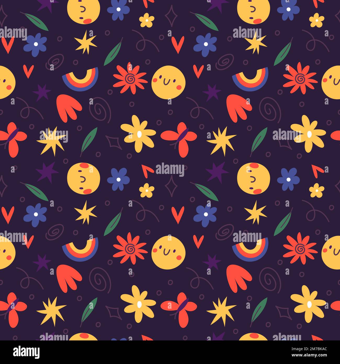 Positive symbols seamless pattern. Funny hippy stickers. Smiles and ...