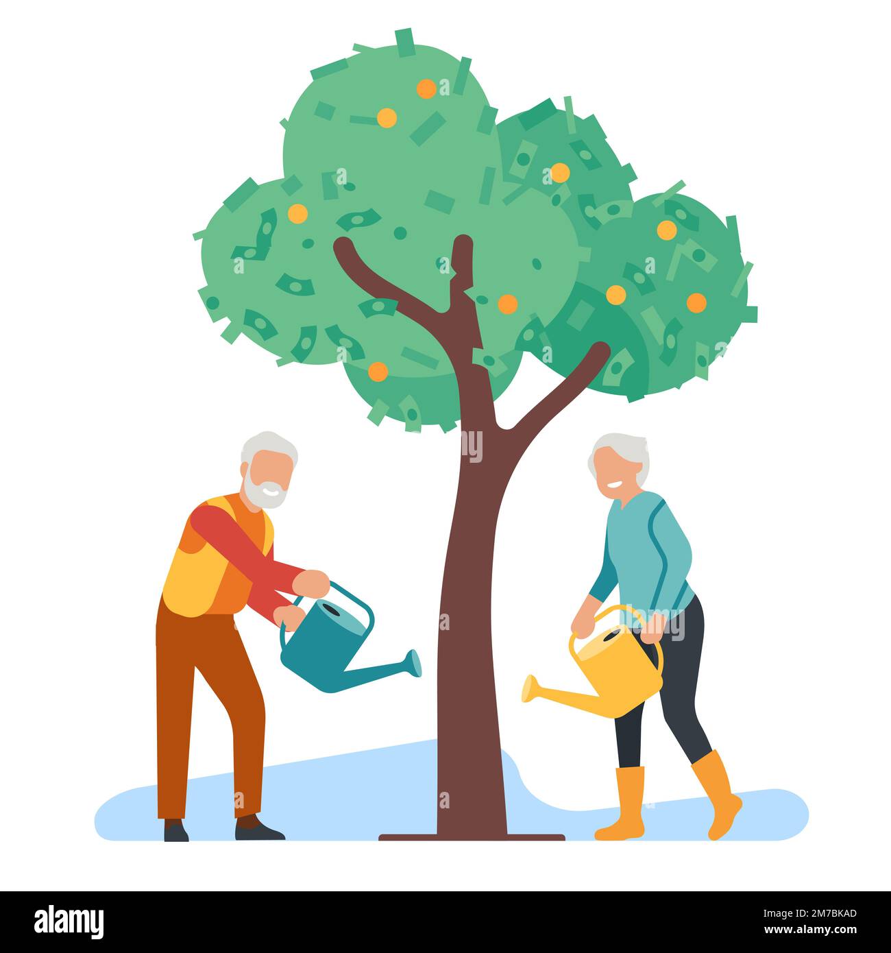 Older people watering money tree with retirement savings. Grandparents ...