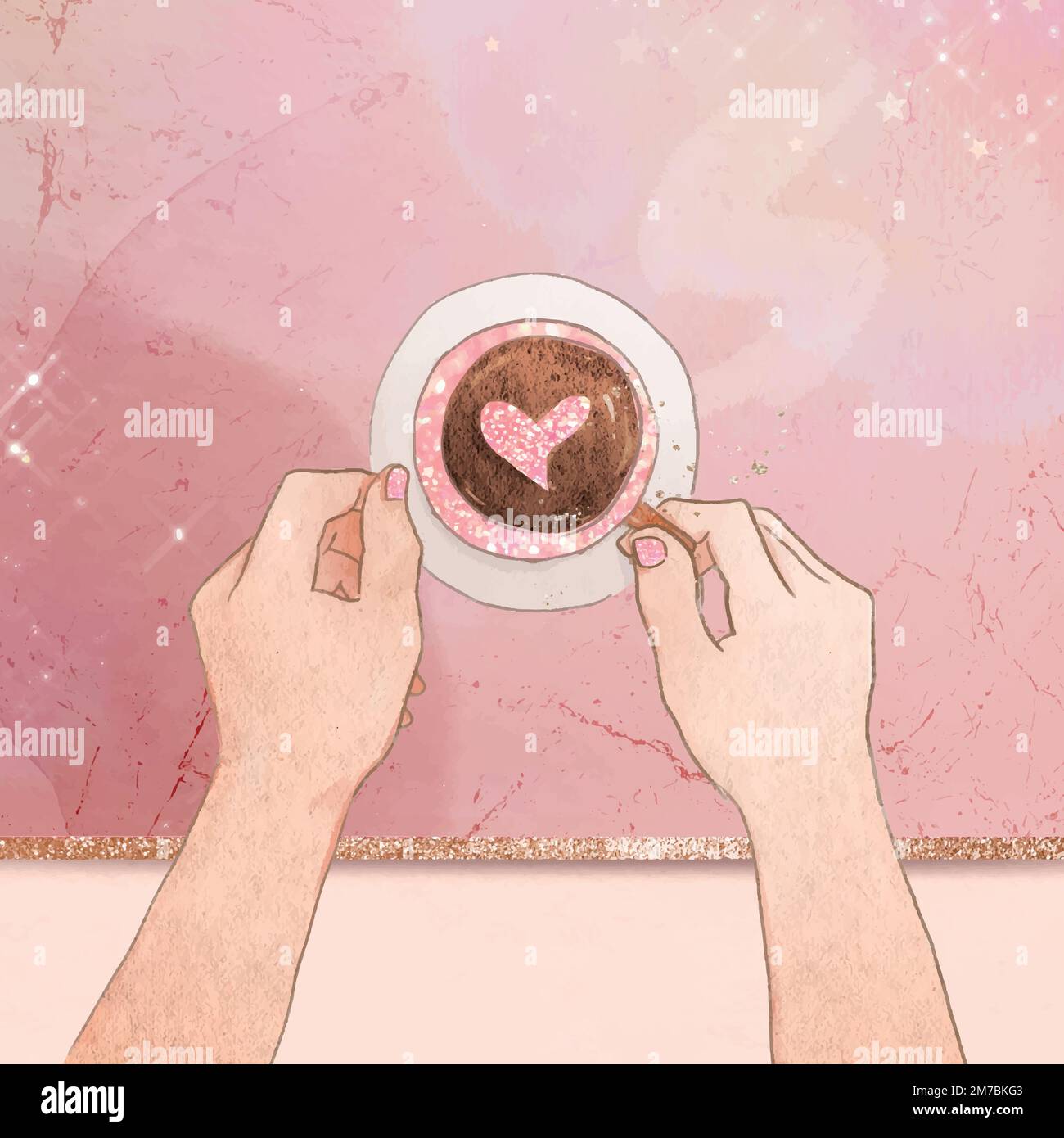 Cute heart coffee vector pink glittery marble texture social media post ...