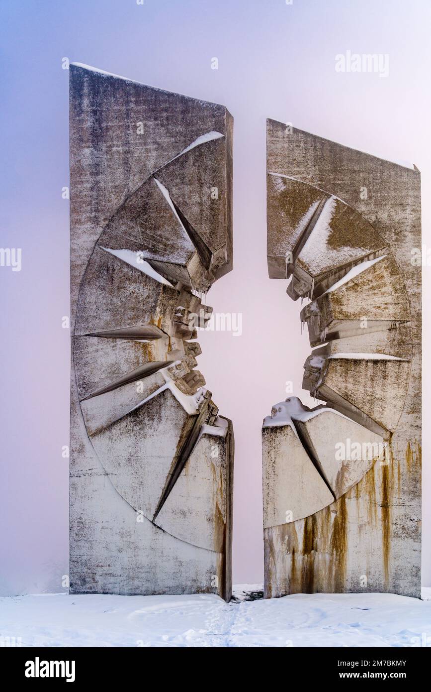 A vertical of the Kadinjaca monument to commemorate Yugoslavia ...