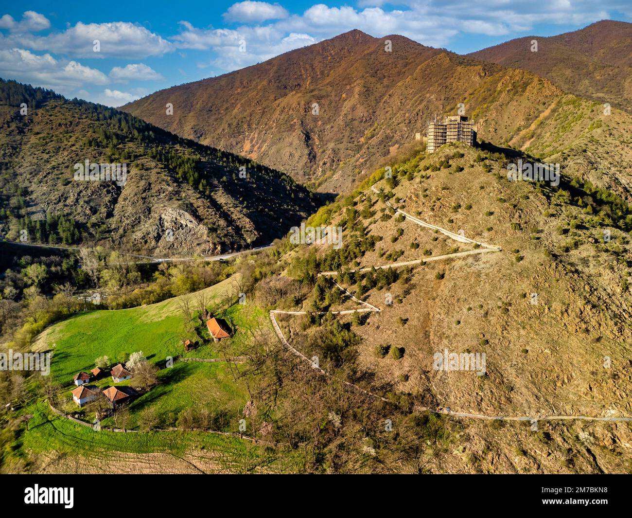An aerial shot of the medieval Maglic castle near the city of Kraljevo ...