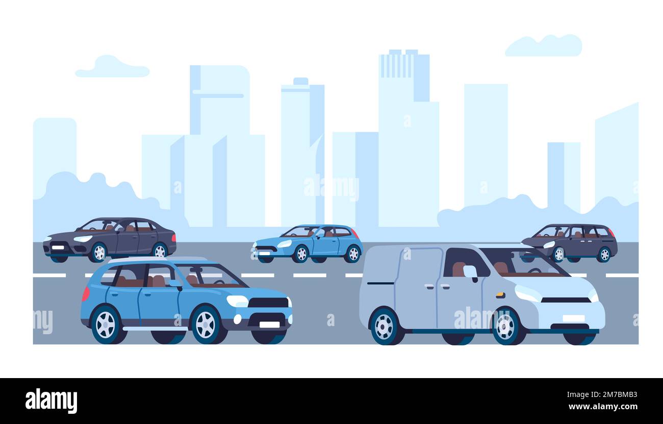 Urban landscape with cars. Automobiles drive on highway. City vehicle ...