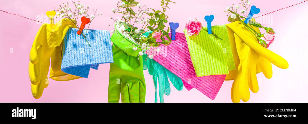 Creative bright spring cleaning concept. Tools, bottles, accessories ...
