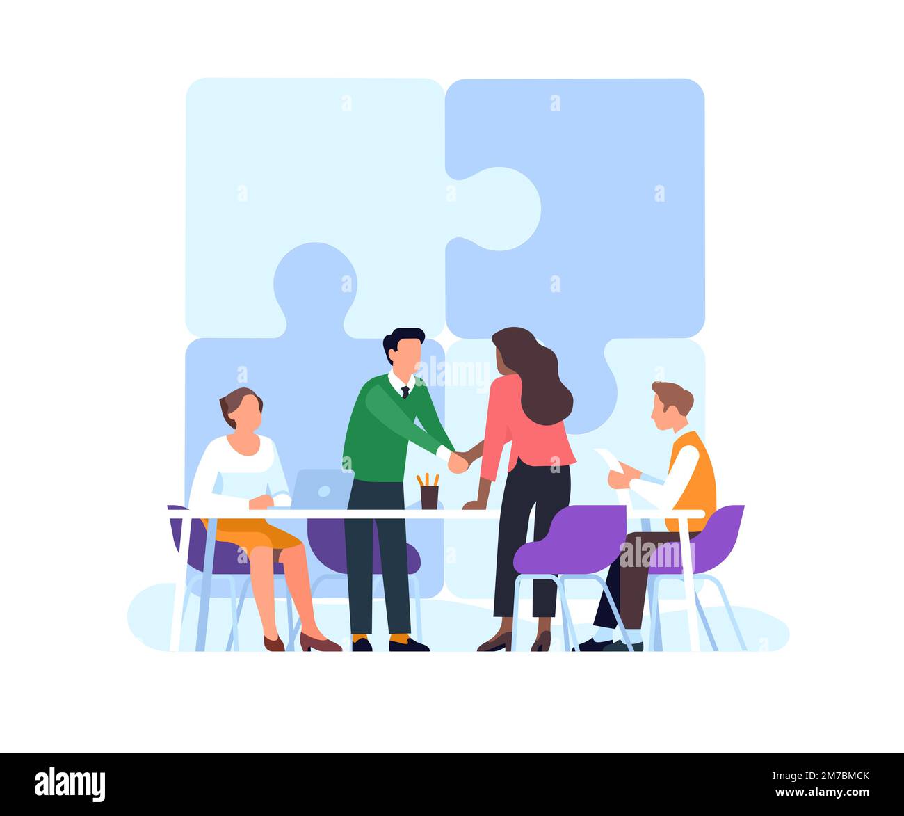 Two business people shaking hands. Assembled puzzle above them symbol ...