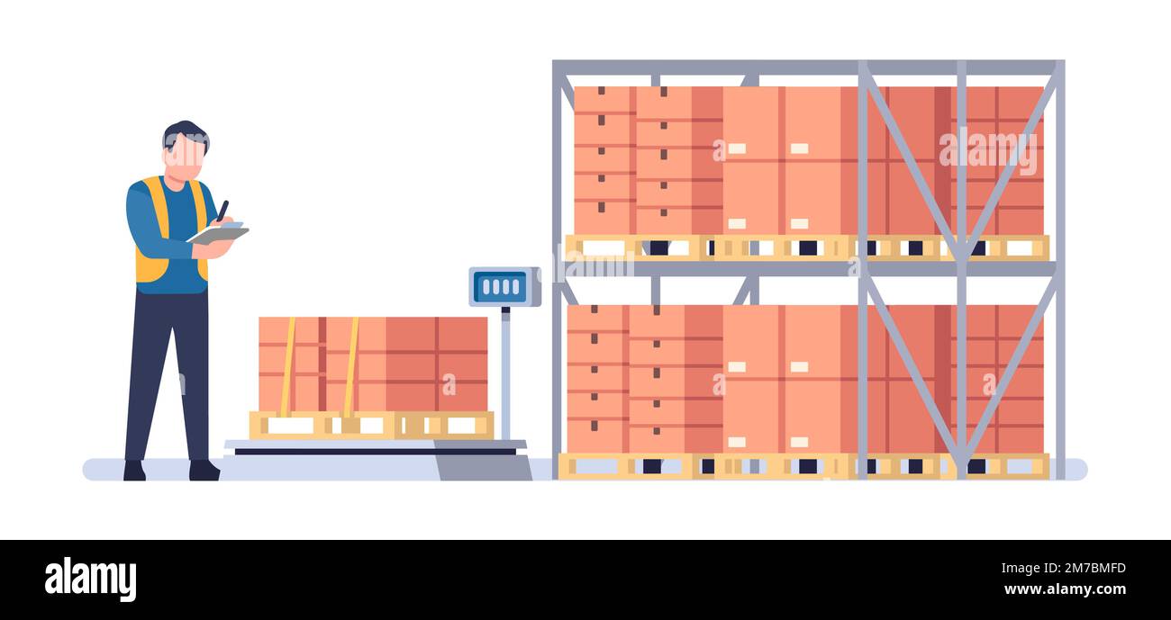 Warehouse worker checks goods on pallets. Man controls boxes shipment ...