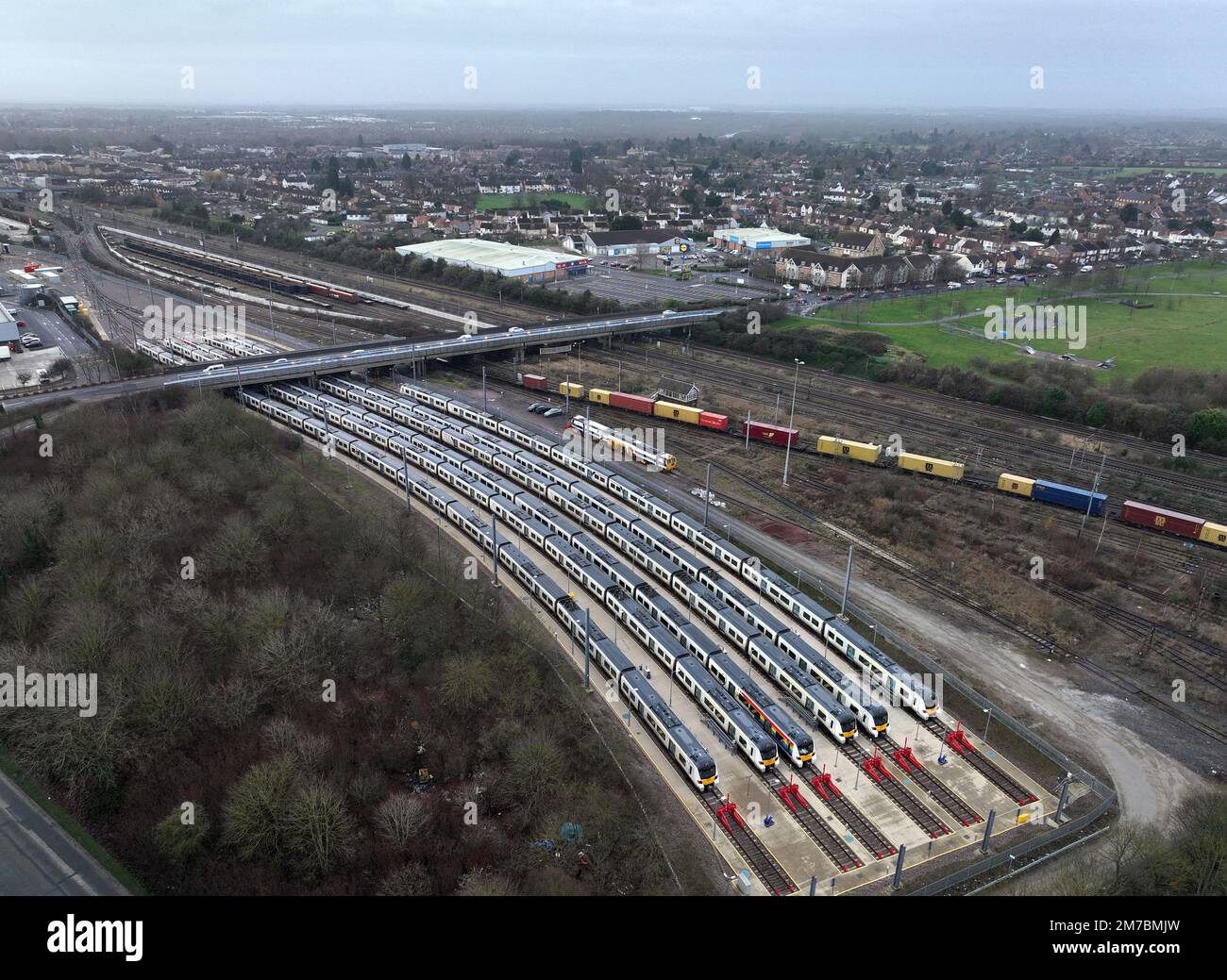 Trains are stationary in sidings in Peterborough, Cambs., as national ...