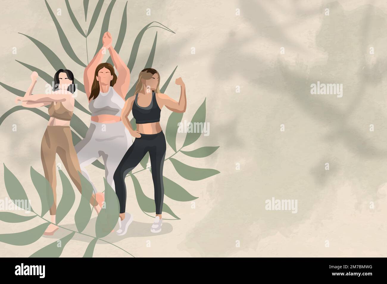 Health and wellness vector background green with women stretching ...