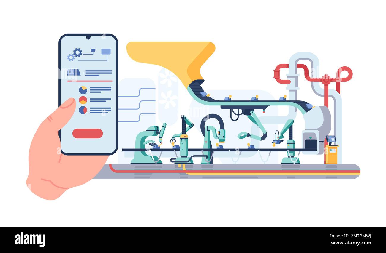 Smartphone for assembly line control. Mobile application. Conveyor belt ...