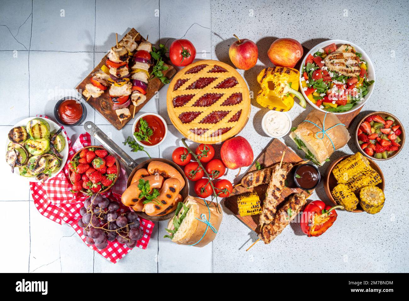 Various picnic barbeque food and drink flatlay. Summer bbq picnic food ...