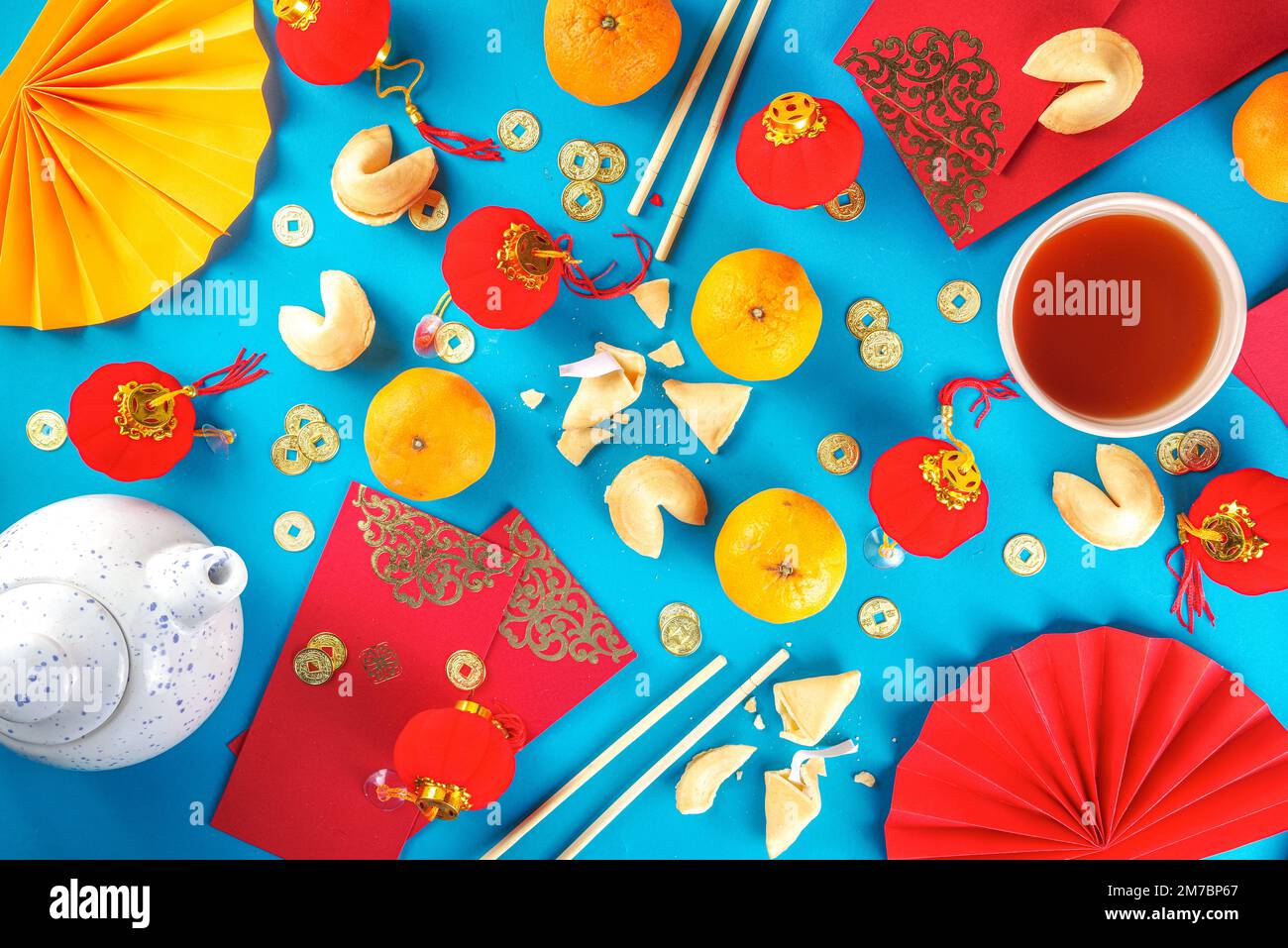 Chinese new year background. Red and golden yellow flatlay with ...