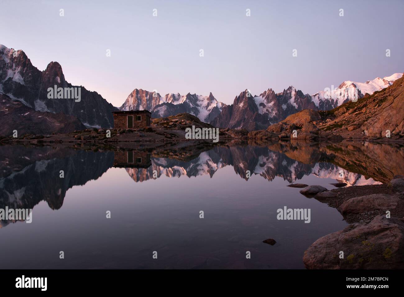 Aiguilles de Chamonix reflecting in the lake "Lac Blanc Stock Photo - Alamy