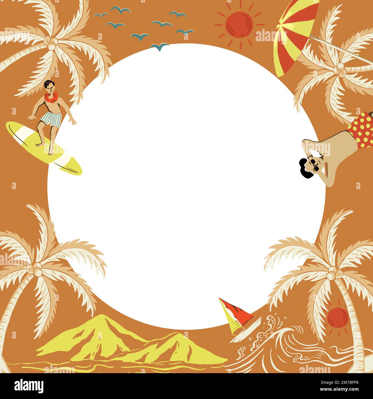 Tropical island orange frame vector in circle shape with tourist ...