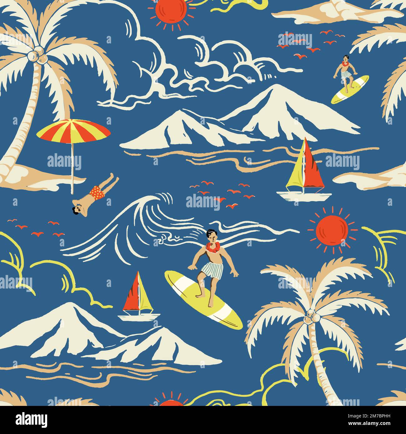Blue tropical island pattern vector with tourist cartoon illustration ...