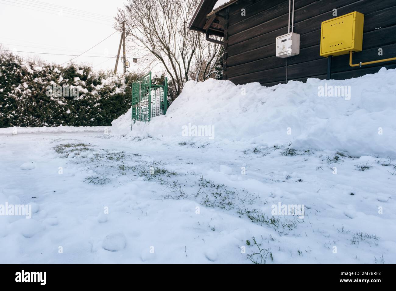 Big snow and gas and electricity installation on the house Stock Photo ...