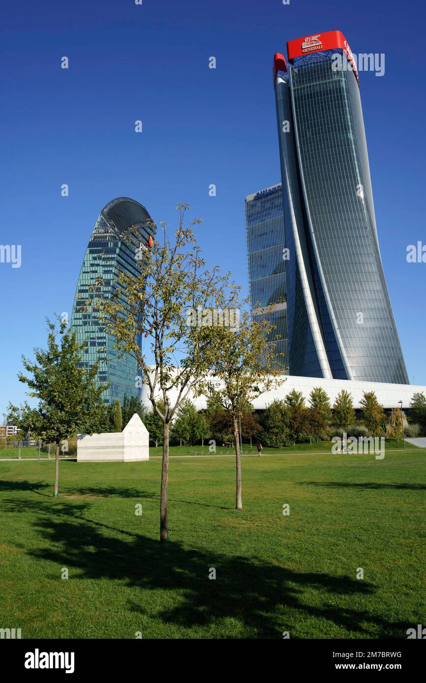 Citylife, modern park in Milan, Lombardy, Italy, with the Three Towers Stock Photo - Alamy