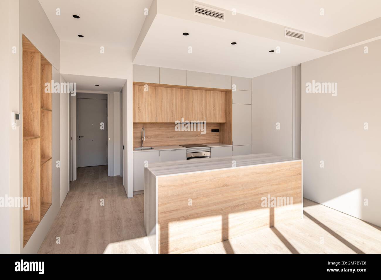 Light modular kitchen with cupboard design interior, made in white and ...