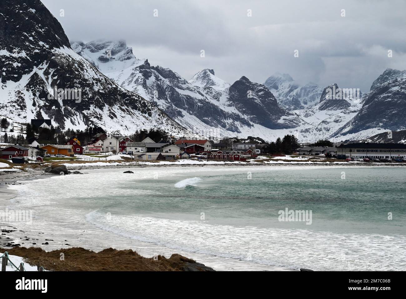 The fishing port of Ramberg before the high mountains in the Lofoten ...