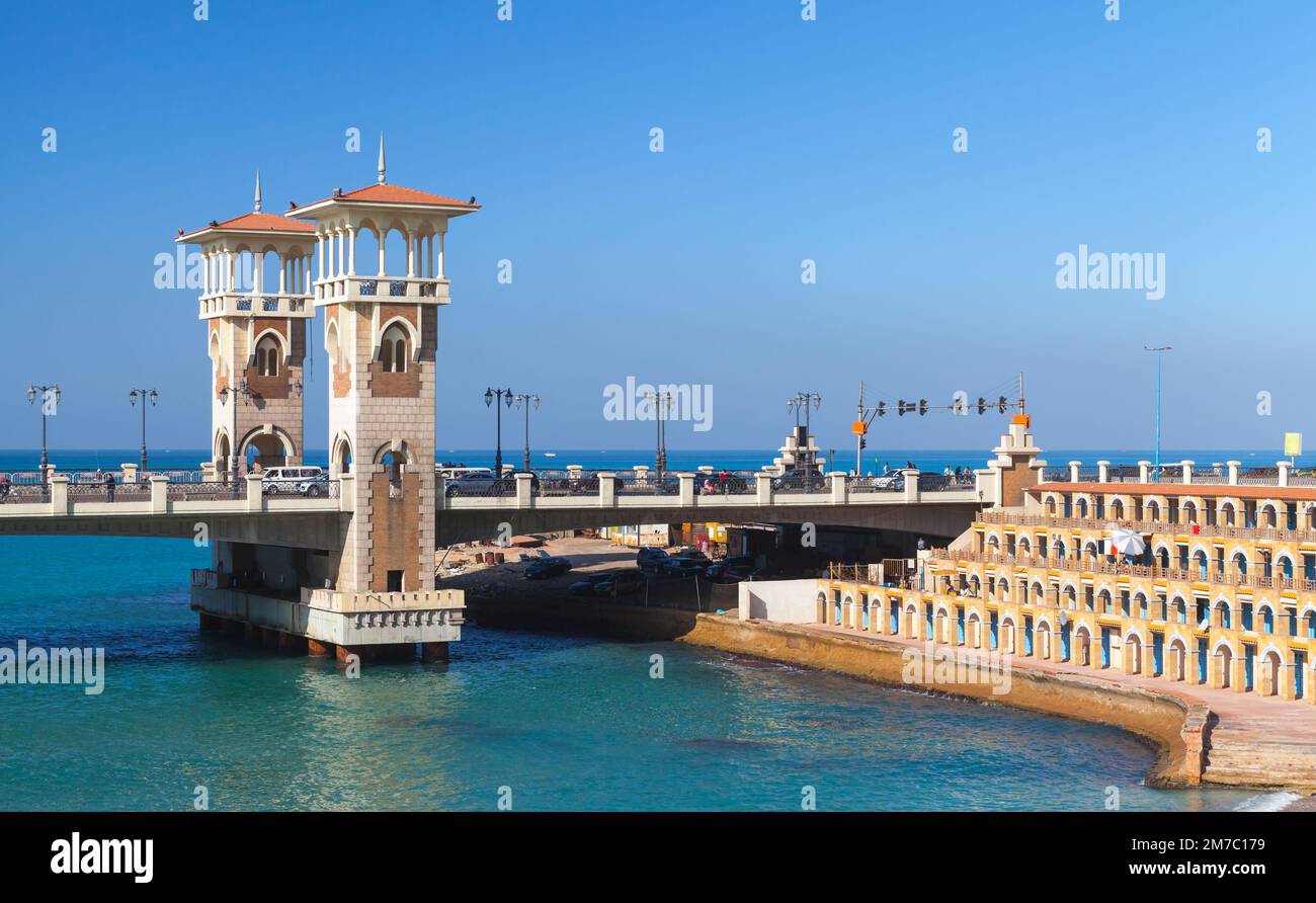 Stanley Bridge on a sunny day, popular landmark of Alexandria, Egypt ...