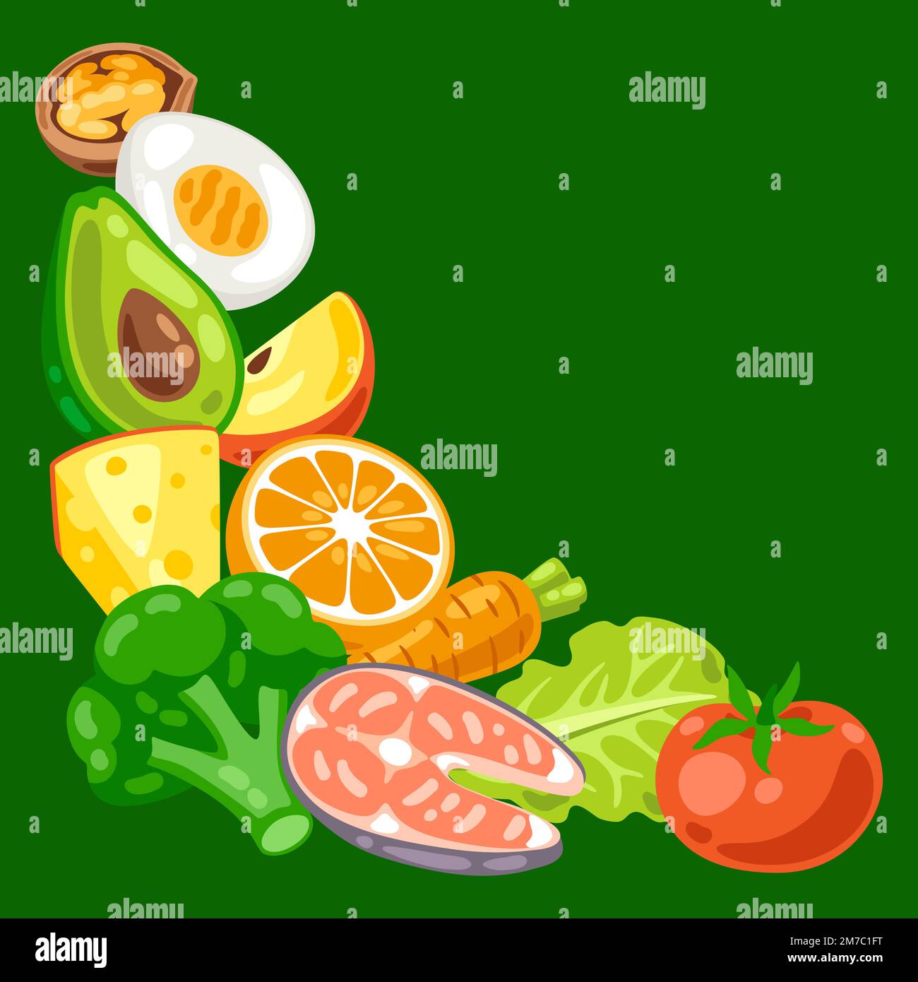 Background with healthy eating and diet meal. Fruits, vegetables and ...