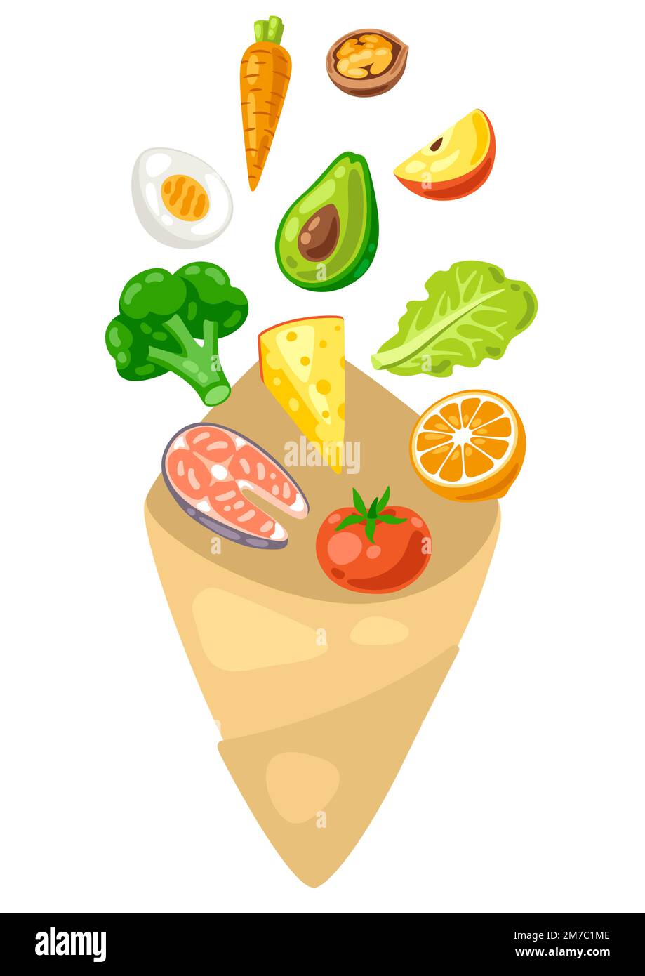 Illustration of package with food. Healthy eating and diet meal. Fruits ...