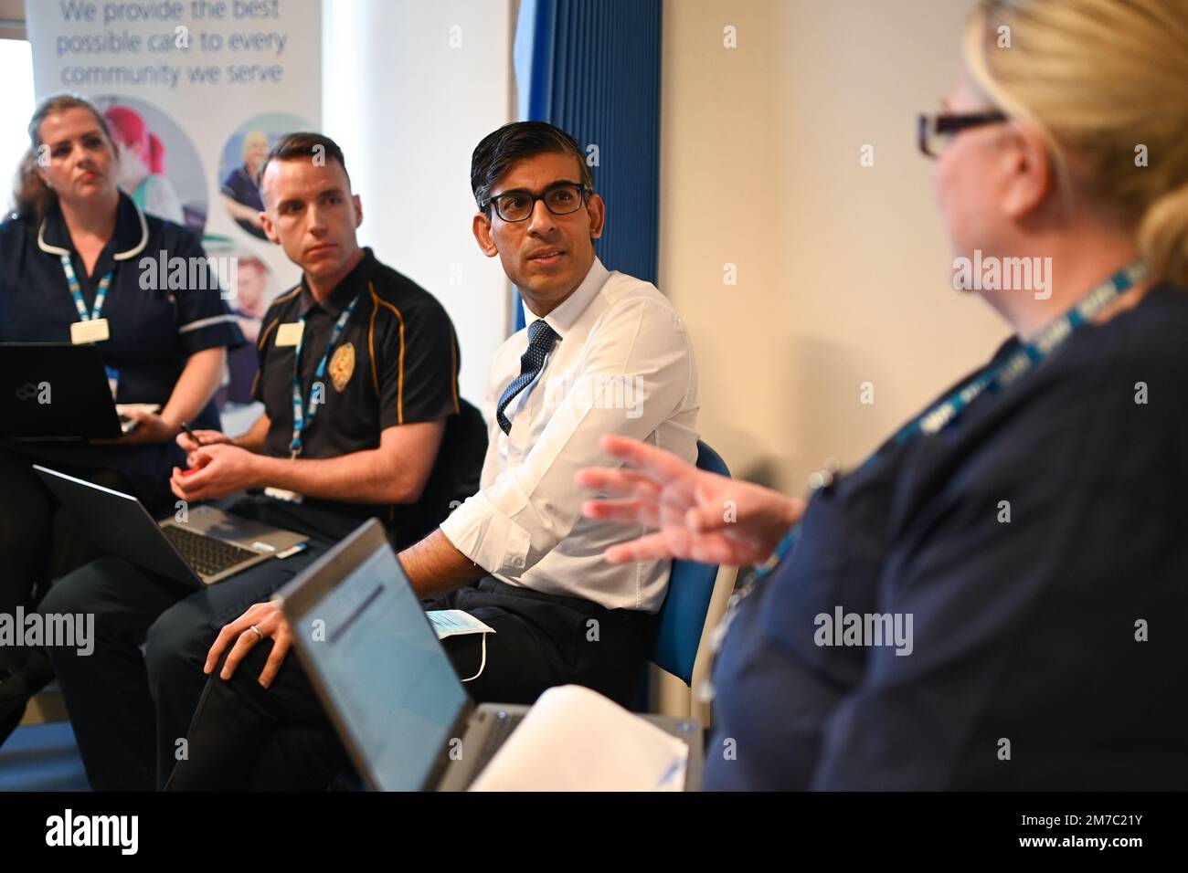 Prime Minister Rishi Sunak (centre right) meets with members of a multi ...