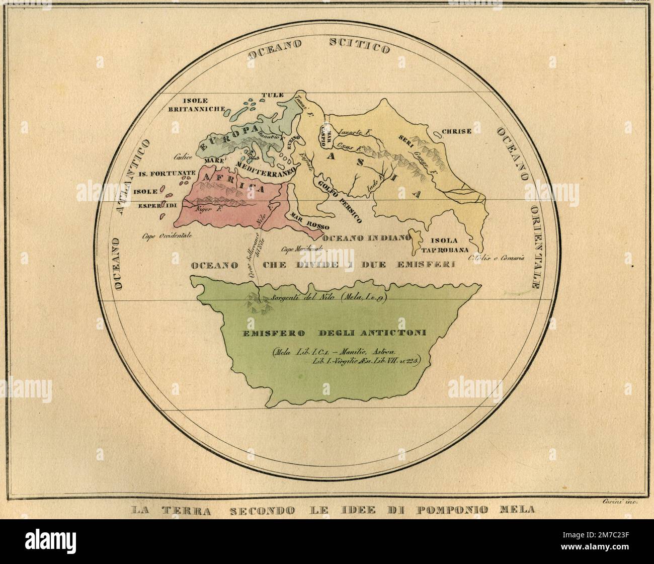 Pomponio Mela globe, from Marmocchi Atlas, Florence, Italy 1838 Stock ...