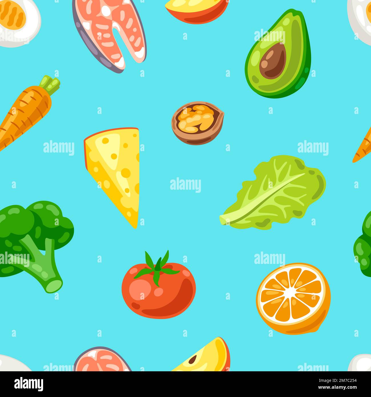 Seamless pattern with healthy eating and diet meal. Fruits, vegetables ...