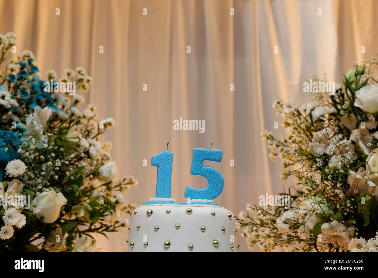 Blue party cake, 15th birthday, with blue number fifteen, white cake ...