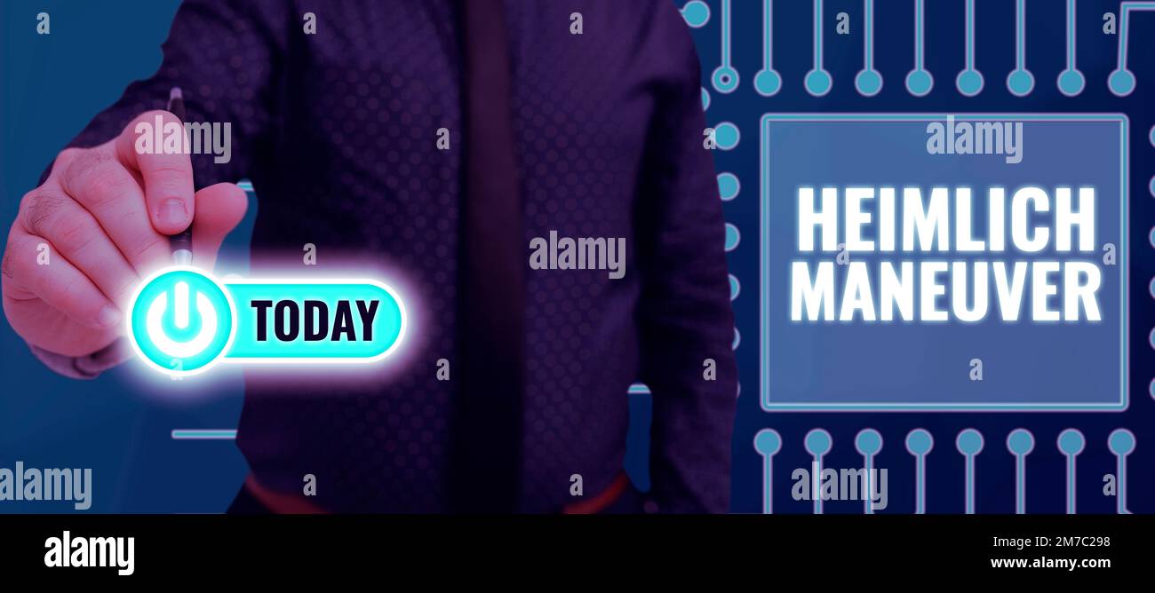 Hand writing sign Heimlich Maneuver. Concept meaning application of ...