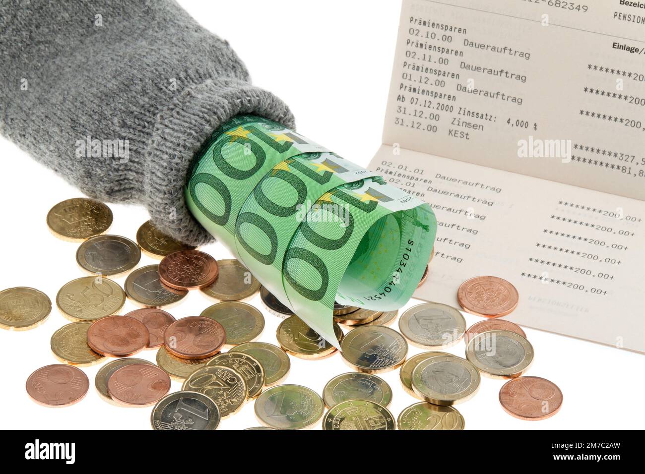 money sock with euro bills, euro coins and bank book Stock Photo - Alamy