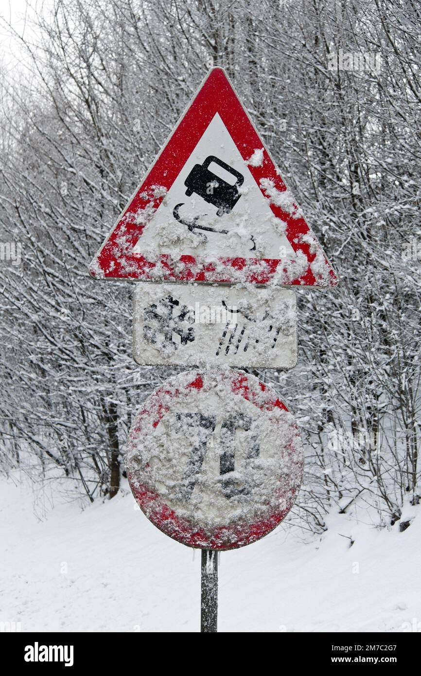 snowy traffic signs, Austria Stock Photo - Alamy