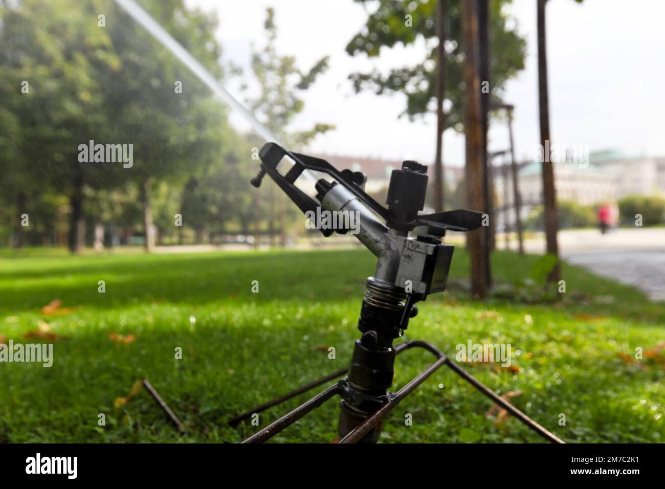 irrigation system on a lawn in the park Stock Photo - Alamy