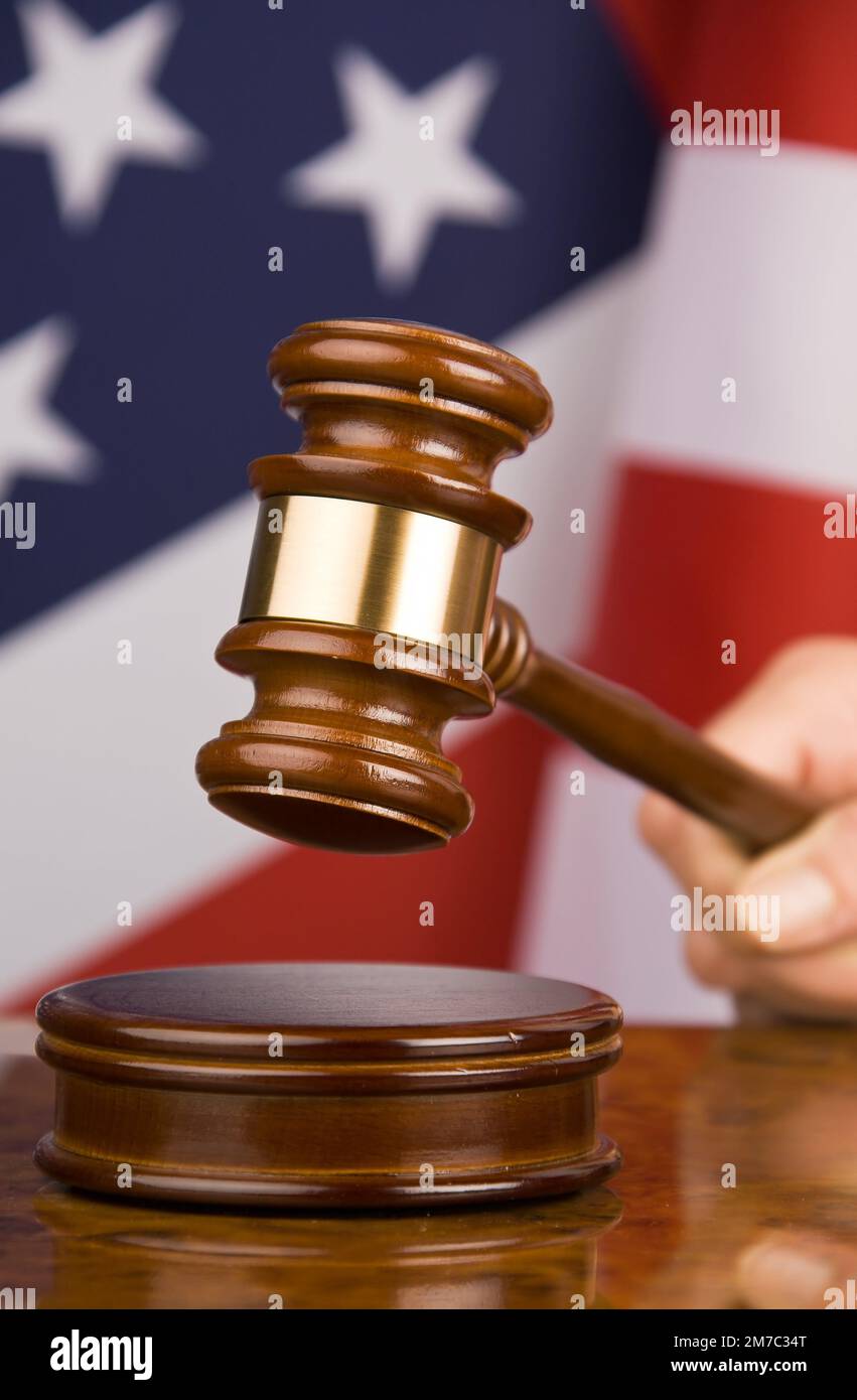 justice hammer in front of USA flag, USA Stock Photo - Alamy