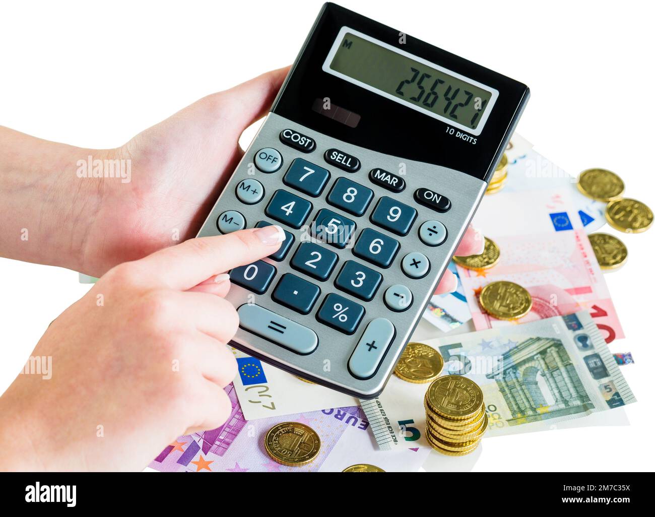hand with calculator and money Stock Photo - Alamy