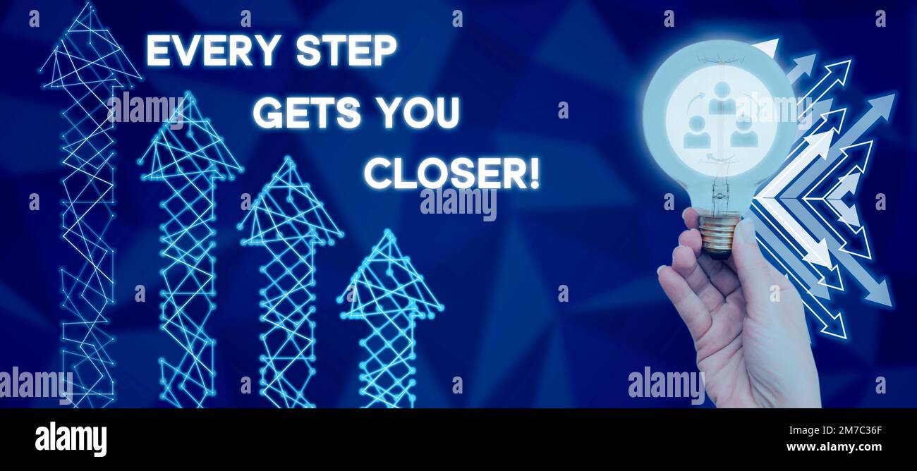 Hand writing sign Every Step Gets You Closer. Concept meaning Keep ...