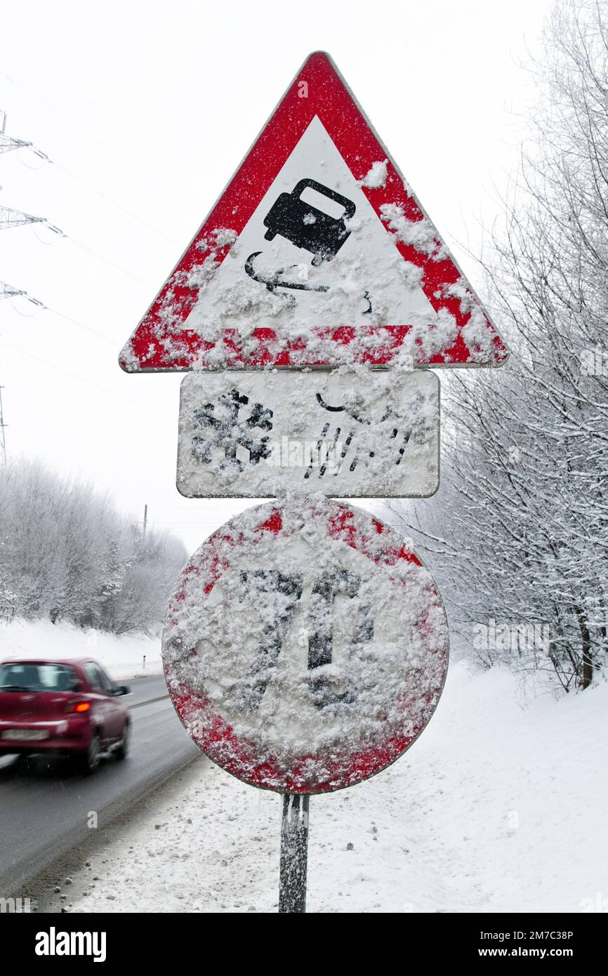 snowy traffic signs, Austria Stock Photo - Alamy