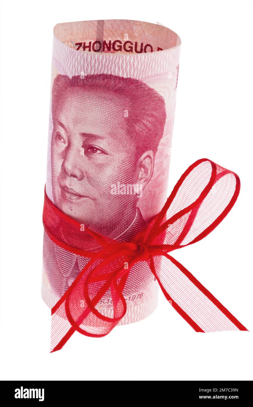 100 Chinese yuan bill with a red bow as a Christmas gift, gift of money ...