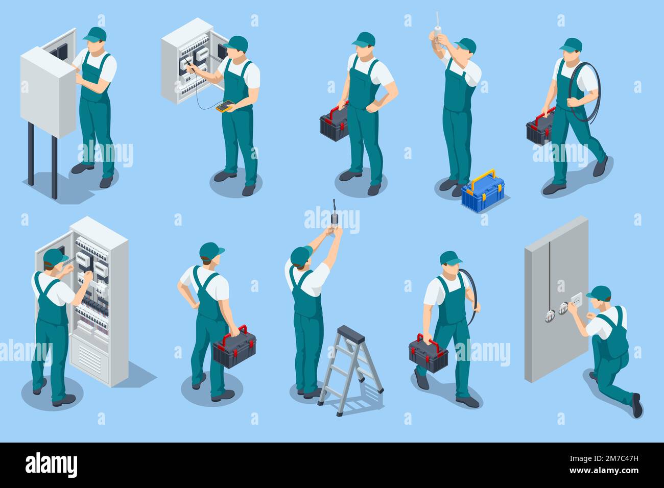 Isometric Electricity works set. Professional worker in the uniform ...