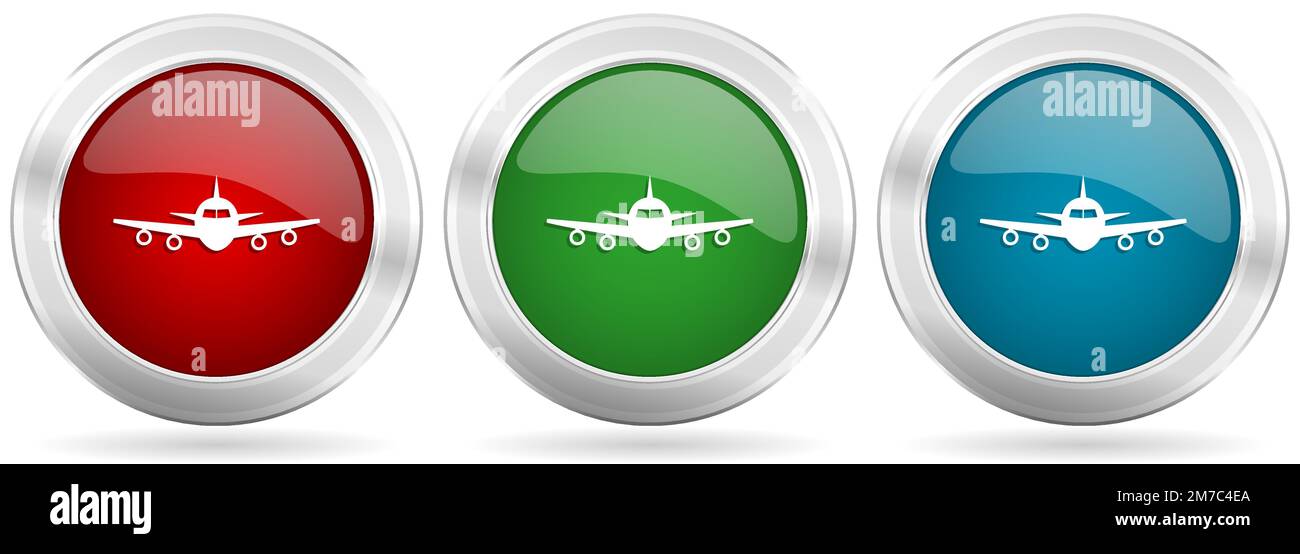 Flight, plane, aircraf vector icon set. Red, blue and green silver ...