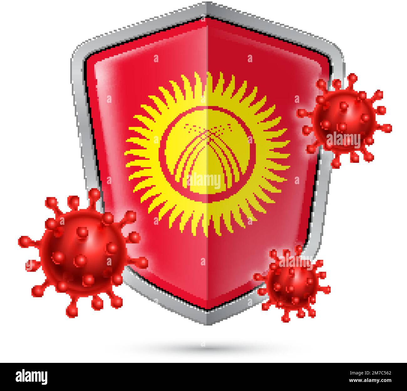 Flag of Kyrgyzstan on Metal Shiny Shield Icon and Red Corona Virus ...
