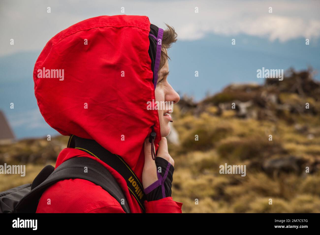 Close up female tourist with hood at highland portrait picture Stock ...