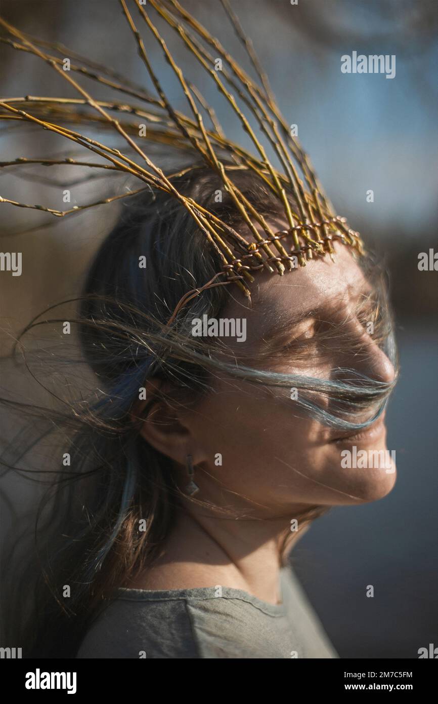 Close up pagan styled woman with relieved smile portrait picture Stock ...