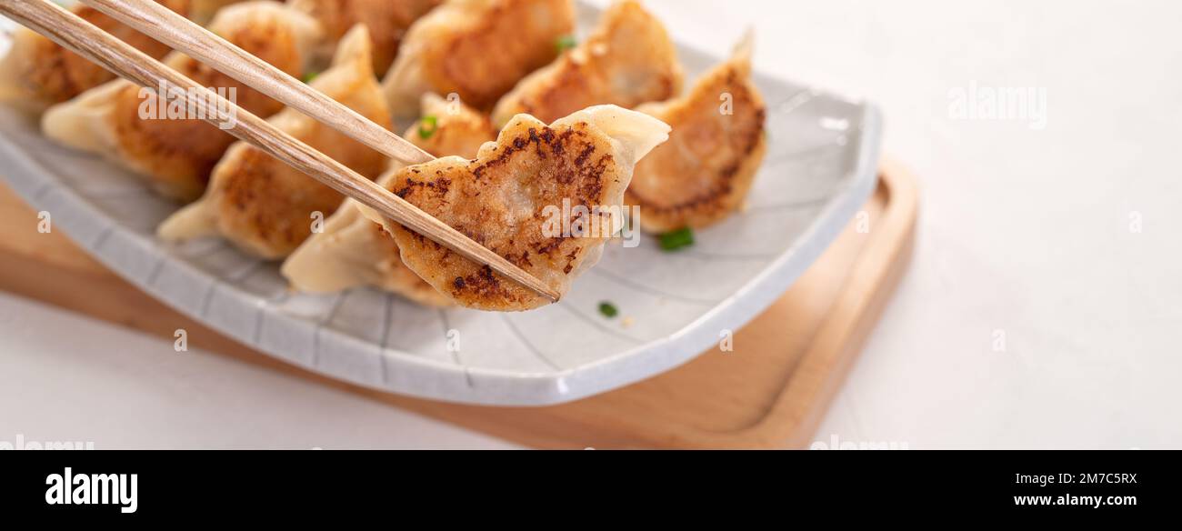 Taiwanese and Japanese Pan-fried gyoza dumpling jiaozi food in a plate with soy sauce on white ...