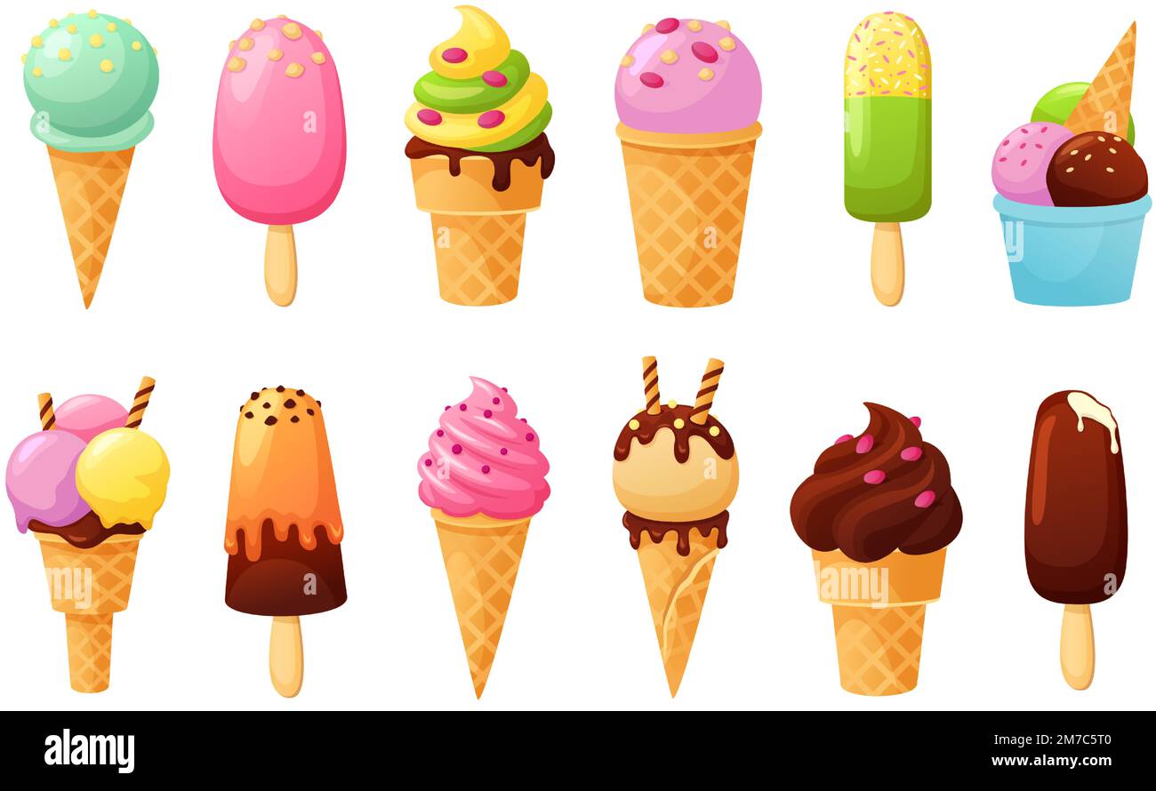 Cartoon ice cream. Tasty fruit ice, sweet summer sundaes in cone and ...