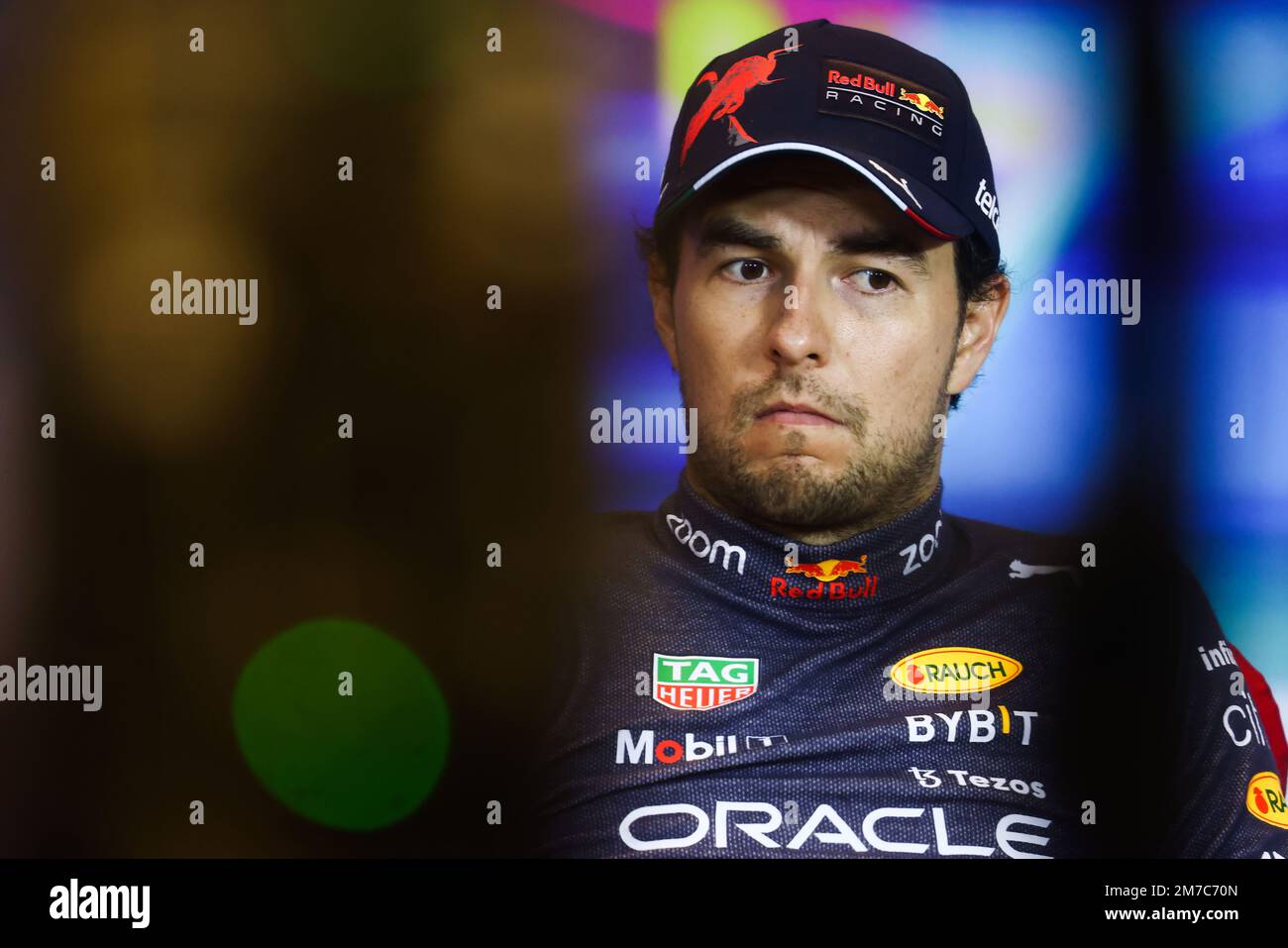 Sergio Perez of Red Bull Racing attends a press conference after ...