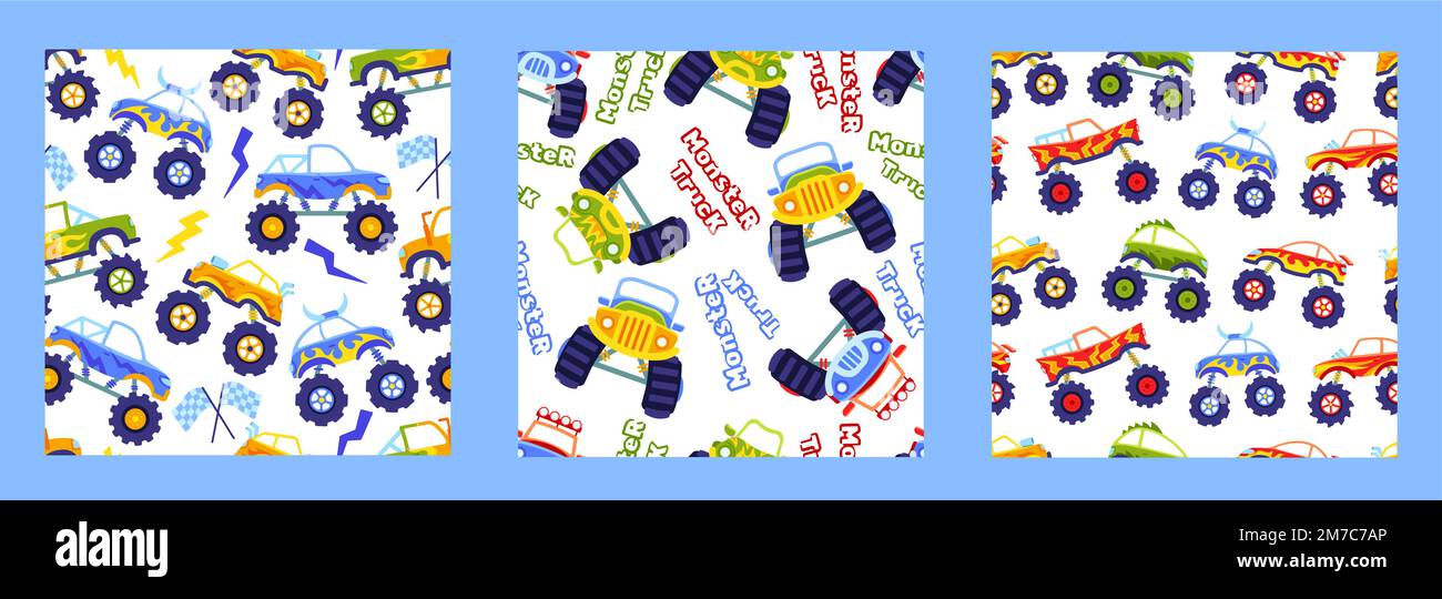 Seamless monster car patterns. Extreme 4WD offroad trucks, race ...
