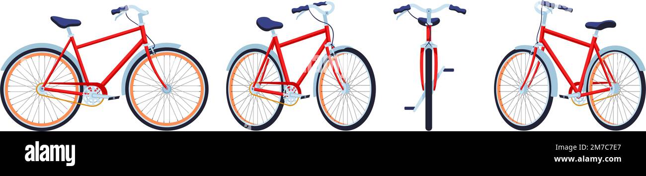 Cartoon bicycle. City bike front, side and back views. Healthy ...